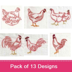 Redwork Farm Chickens Embroidery Designs | AnnTheGran.com